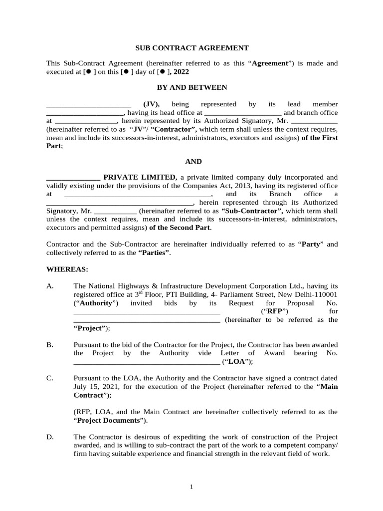 Sub Contract Agreement | PDF | Liability Insurance | Legal Liability