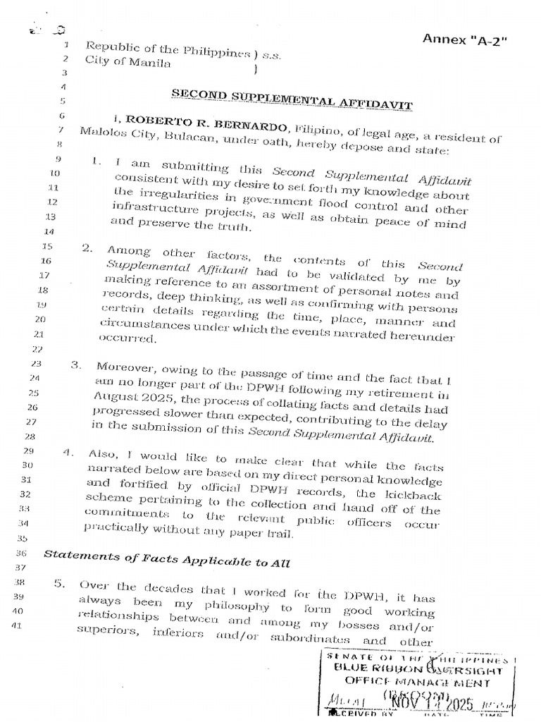 Former DPWH Usec. Roberto Bernardo's Second Supplemental Affidavit | PDF