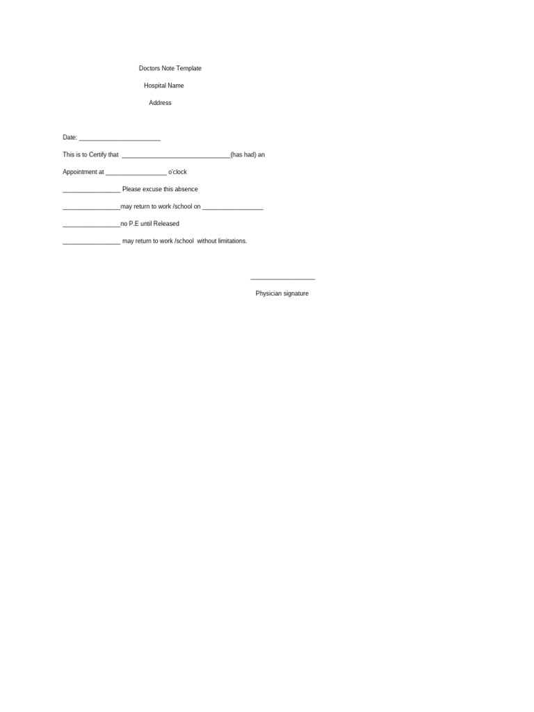 Medical Doctors Note For Work Word Free Template | PDF