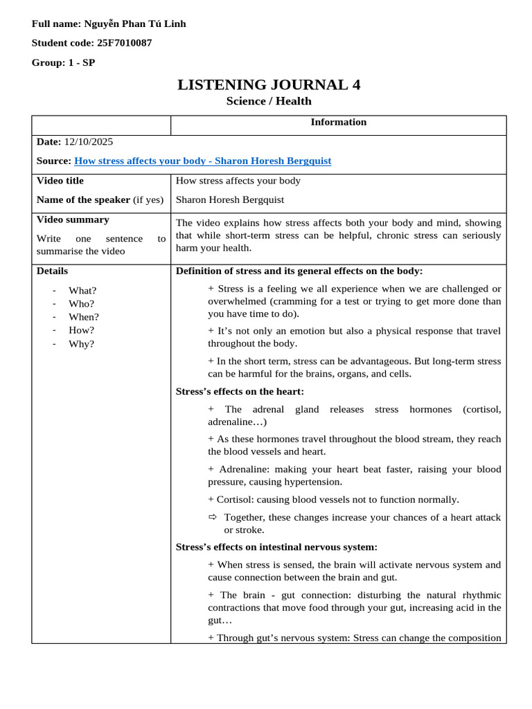 Listening Journal 4 | PDF | Stress (Biology) | Cortisol