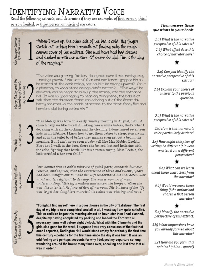 l7 - Identifying Narrative Voice Worksheet | PDF
