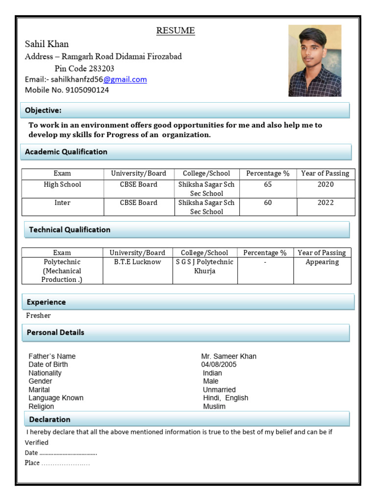 Sahil Khan's Resume: Fresher Profile | PDF
