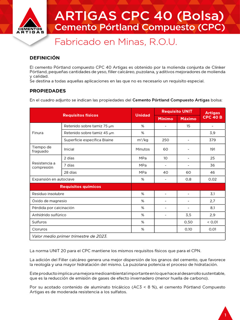 Ficha Tecnica CPC40-Bolsa | PDF | Cemento | Unión