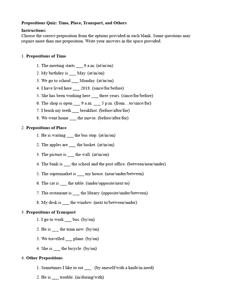 Revision Quiz On Prepositions | PDF