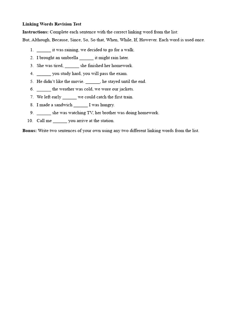 Revision Test On Linking Words | PDF