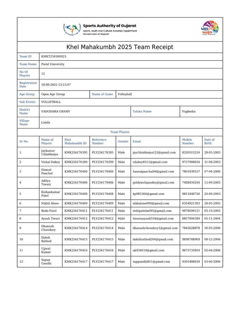 Khel Mahakumbh 2025 Volleyball Team Receipt | PDF