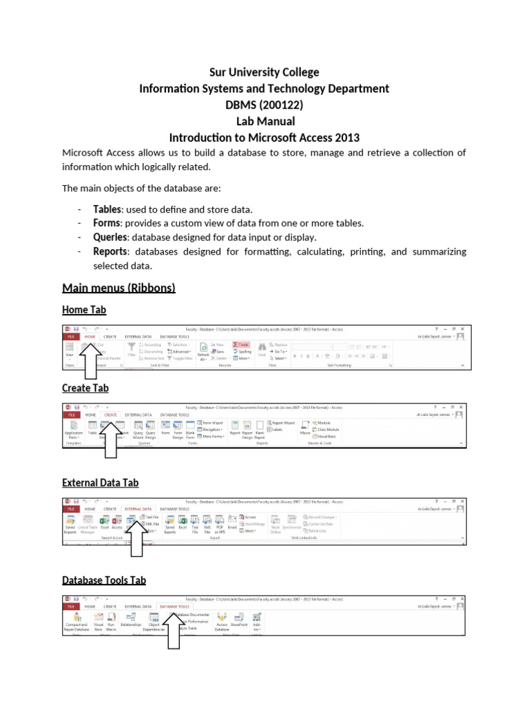DBMS Lab Manual - Part I - 2020-2021 | PDF | Databases | Microsoft Access