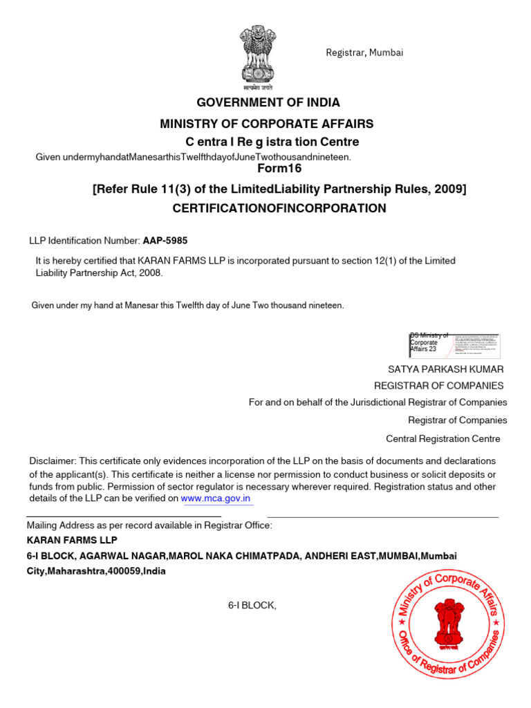 Karan Farms LLP | PDF | Limited Liability Partnership | Private Law
