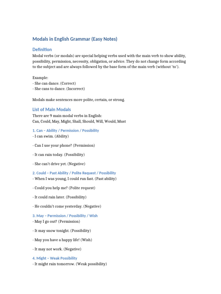 Modals in English Grammar Easy Notes 1 | PDF | Semantic Units ...