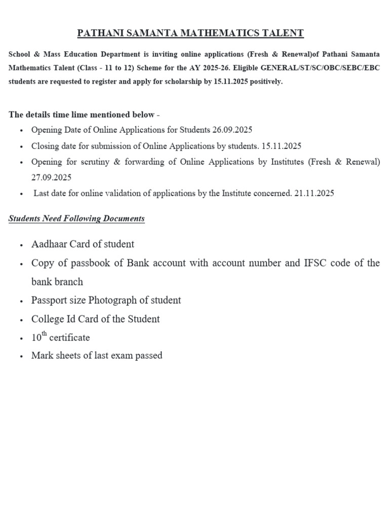 Pathani Samanta Math Talent Scheme 2025-26 | PDF