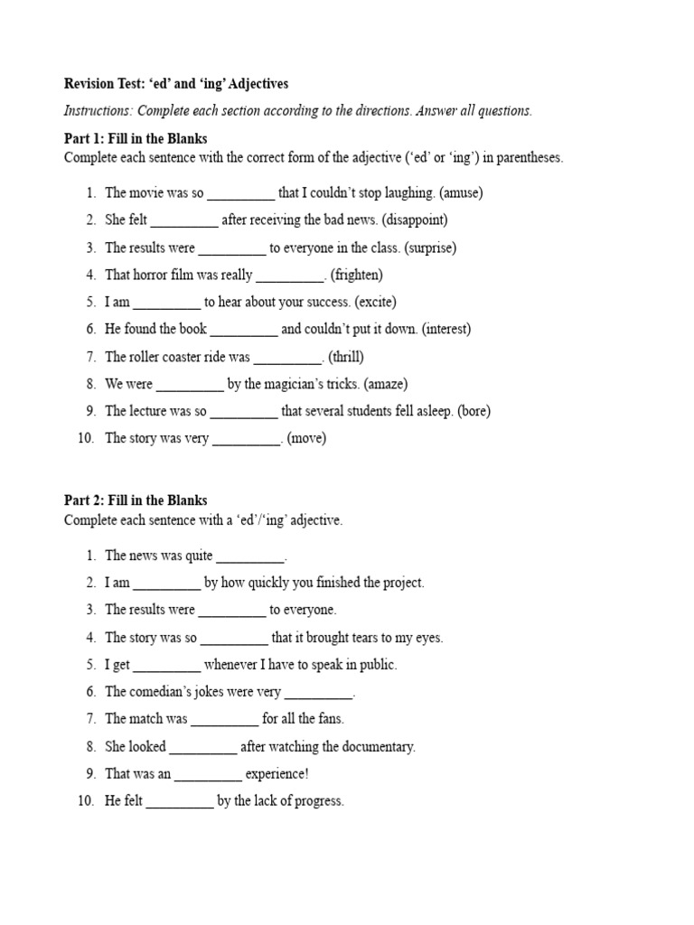 Revision Test - Ed: Ing Adjectives | PDF
