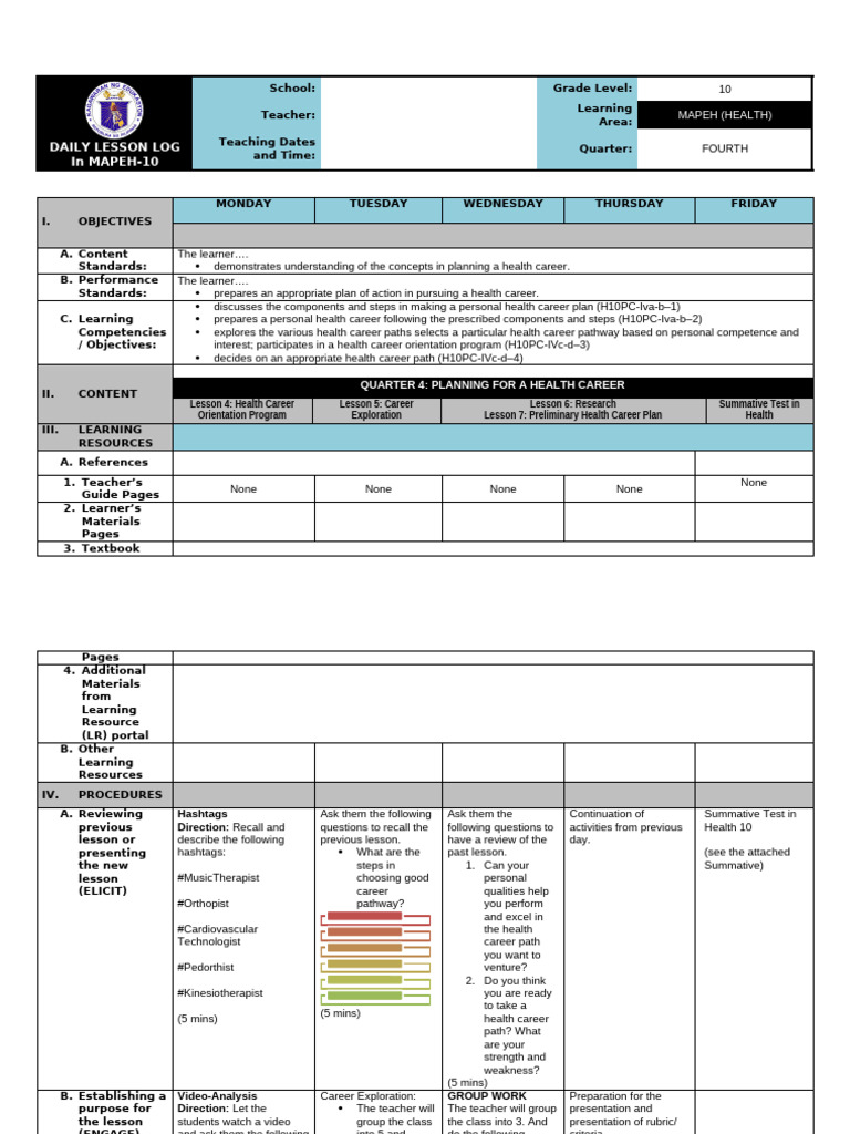 Q4-DLL-MAPEH-10_Health-Wk5-8 | PDF | Learning | Brainstorming