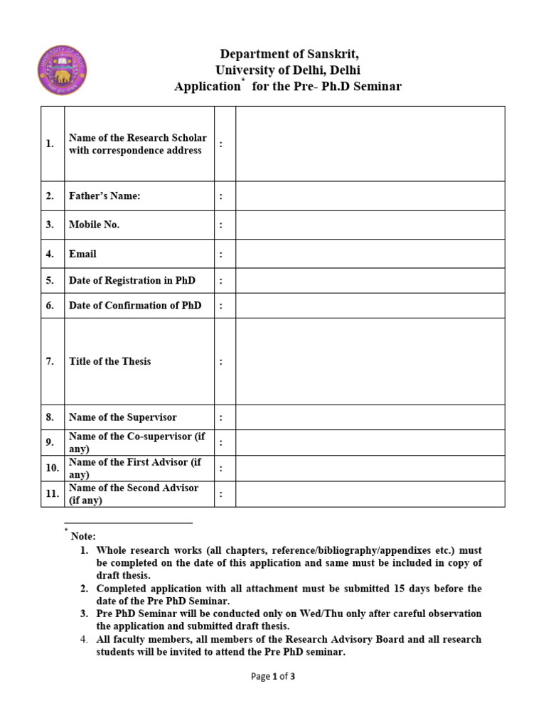 Pre-PhD Seminar Application Form | PDF | Thesis | Doctor Of Philosophy