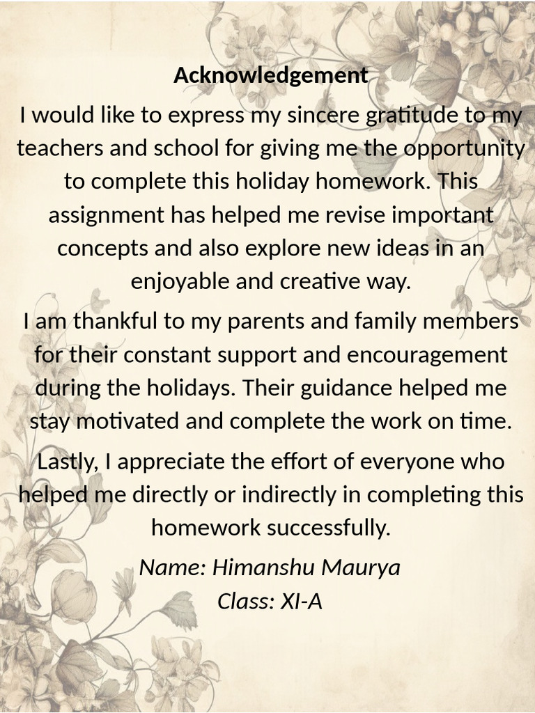 Acknowledgment for Holiday Homework | PDF