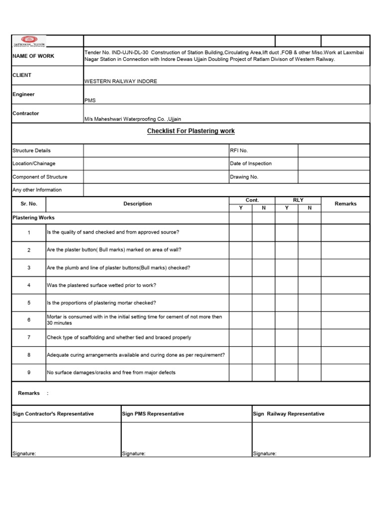 Plastering Quality Checklist for Railway Project | PDF