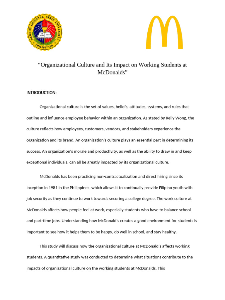 Organizational Culture and Its Impact On Working Students at McDonalds ...