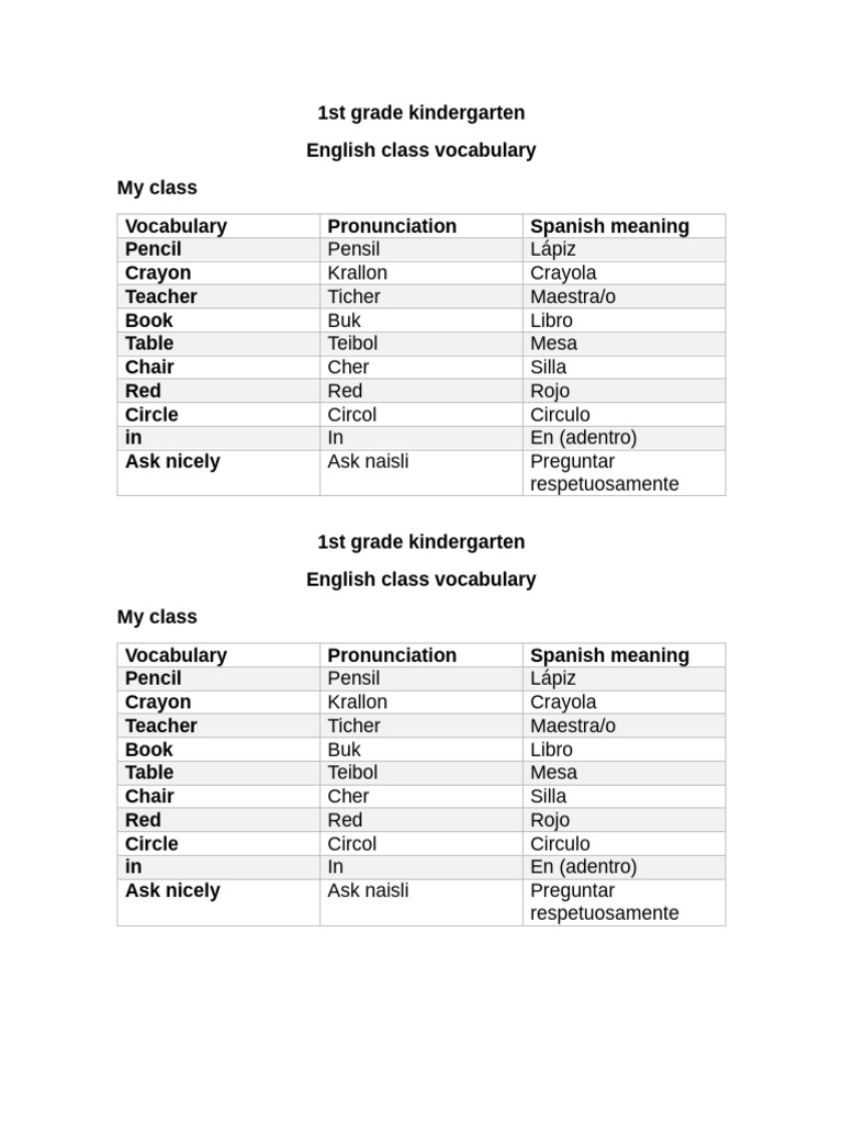 Vocabulary October 1st Grade | PDF
