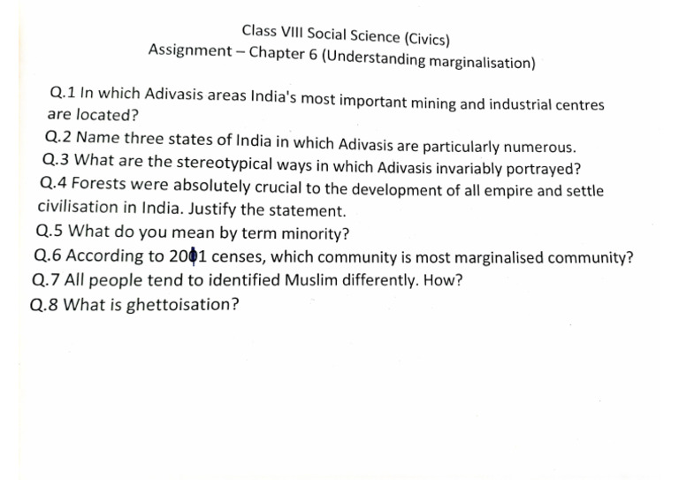 Class 8 Social Science Assignment CH - 6 Understanding Marginalisation ...