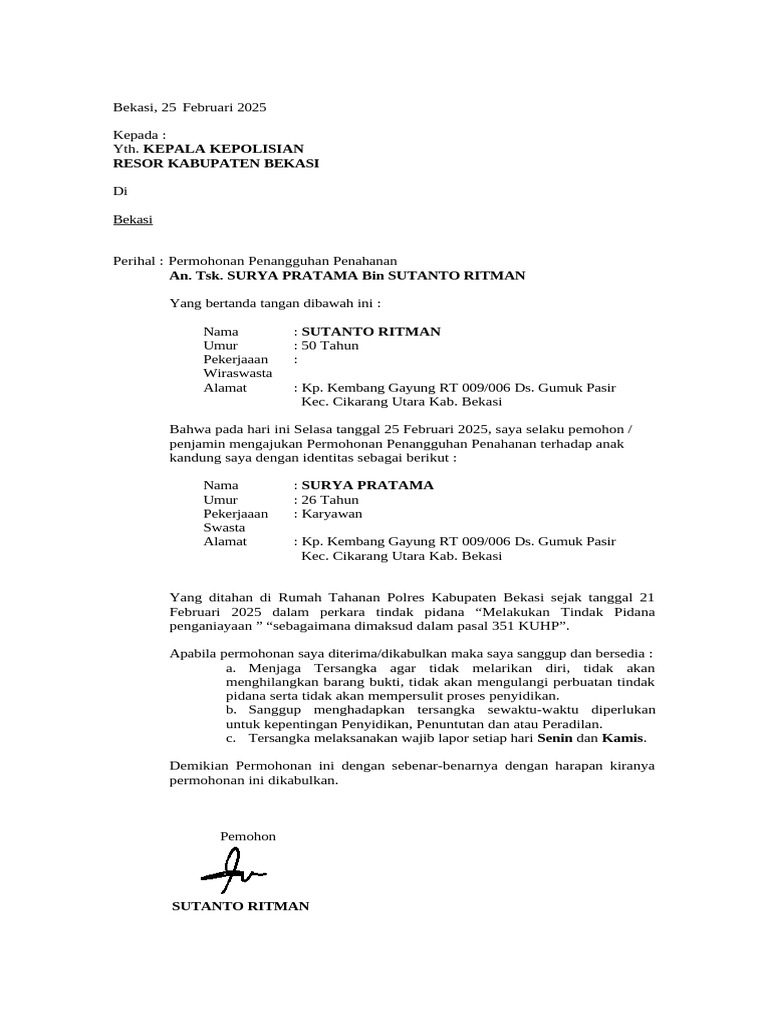 Contoh Surat Permohonan Penangguhan Penahanan | PDF