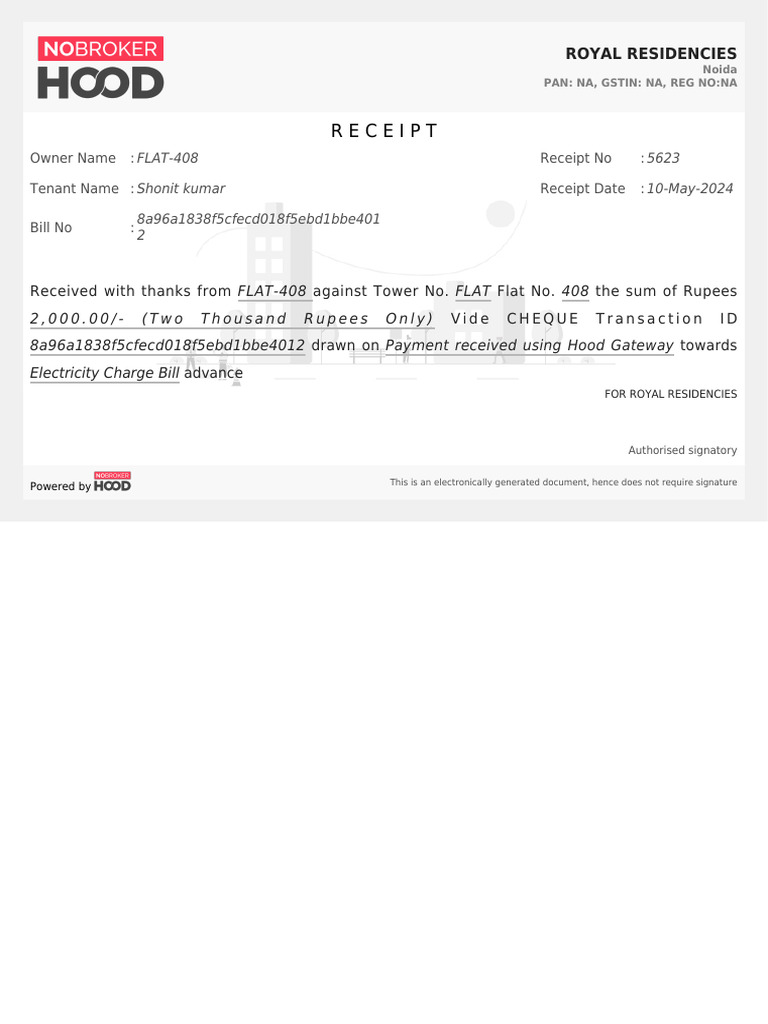 Royal Residencies Receipt for Electricity Charge | PDF