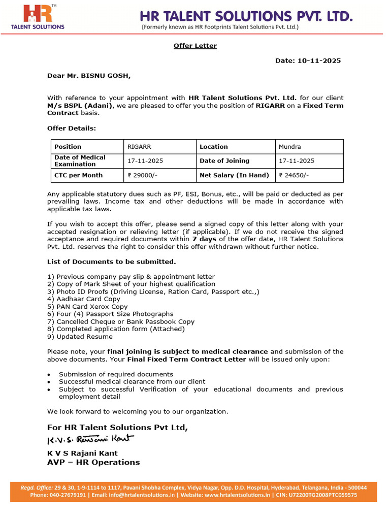 Bisnu Gosh Offer Letter | PDF