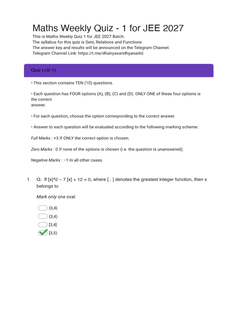 Maths Weekly Quiz - 1 For JEE 2027 | PDF | Function (Mathematics ...