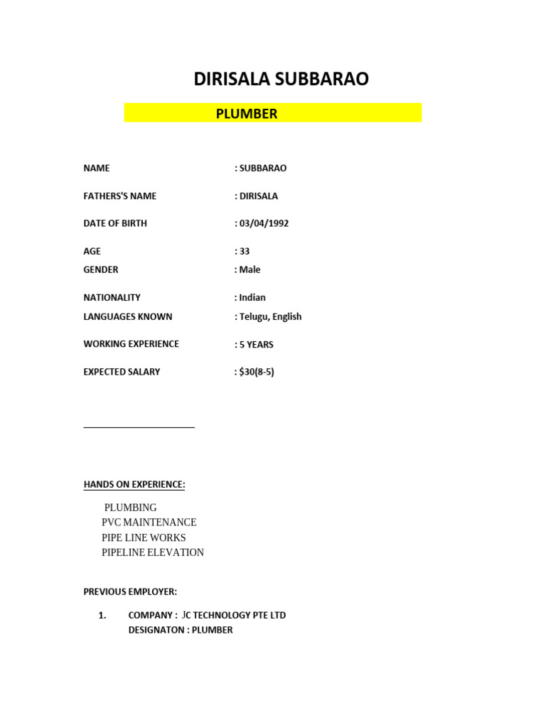 Plumber Resume for Dirisala Subbarao | PDF