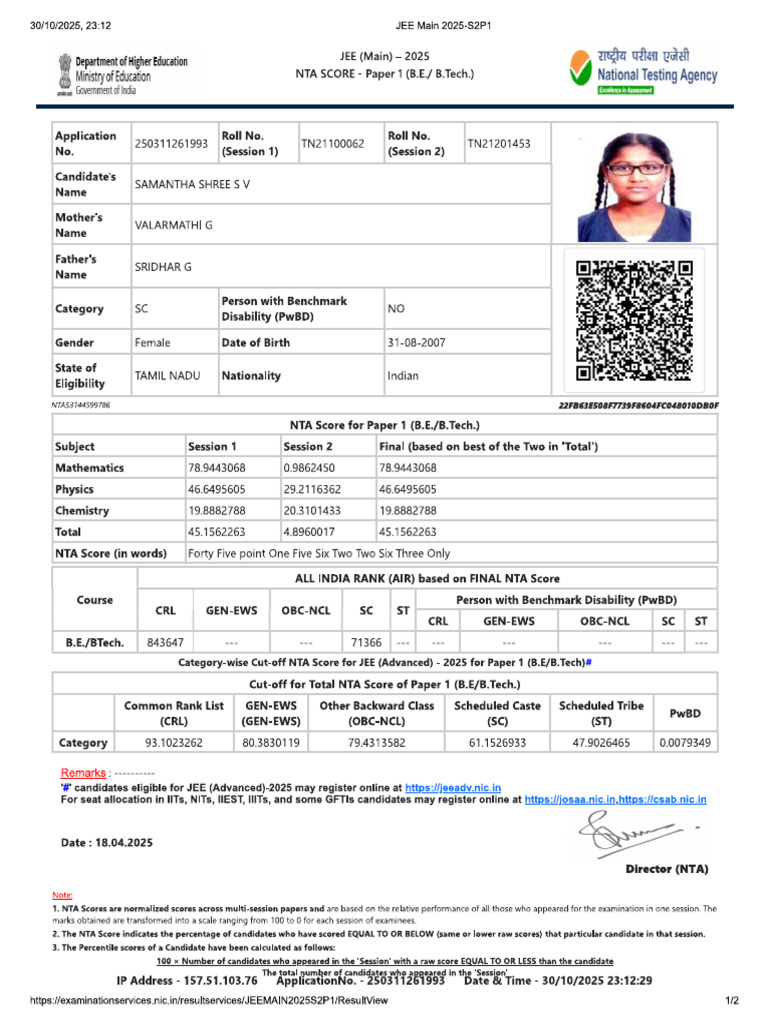 Jee Score Card | PDF