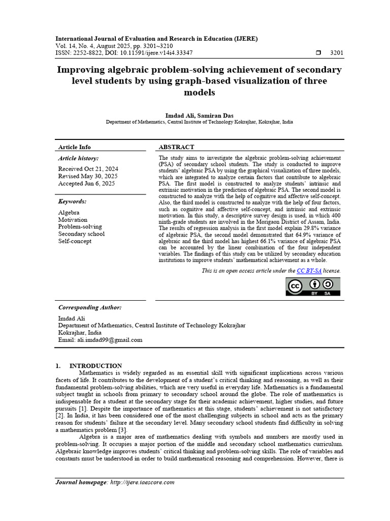 Improving Algebraic Problem-Solving Achievement of Secondary Level Students by Using Graph-Based ...