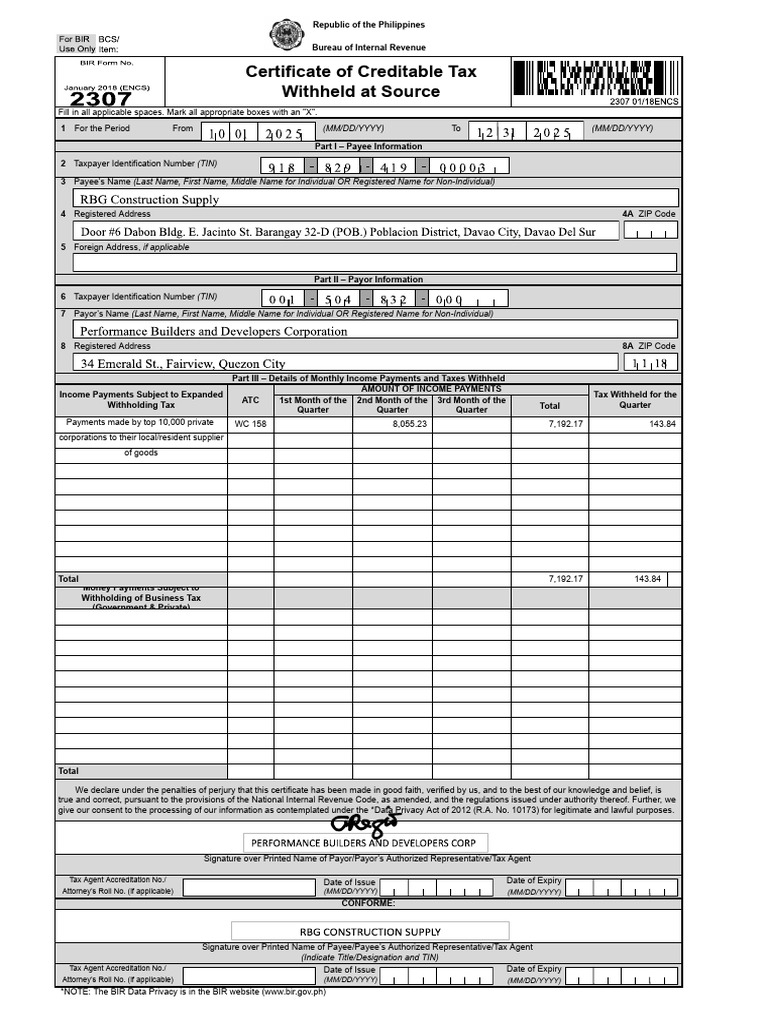 Certificate of Creditable Tax Withheld at Source: Tax Agent ...