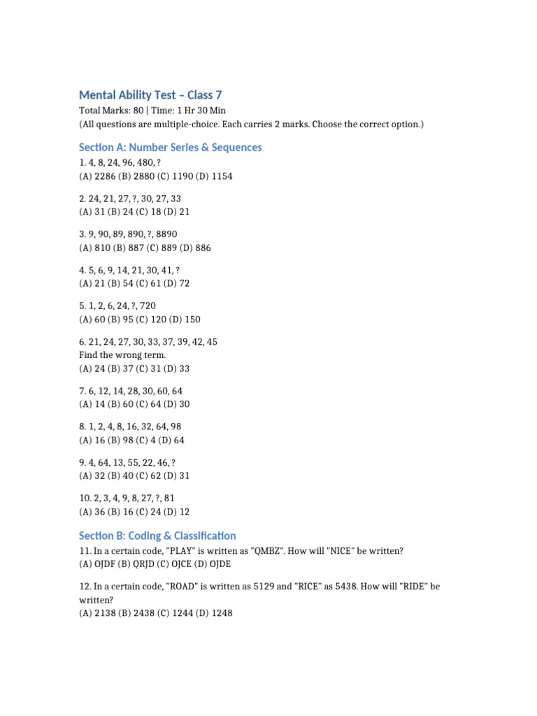 Mental Ability Test Class7 | PDF | Chess Openings | Chess Theory