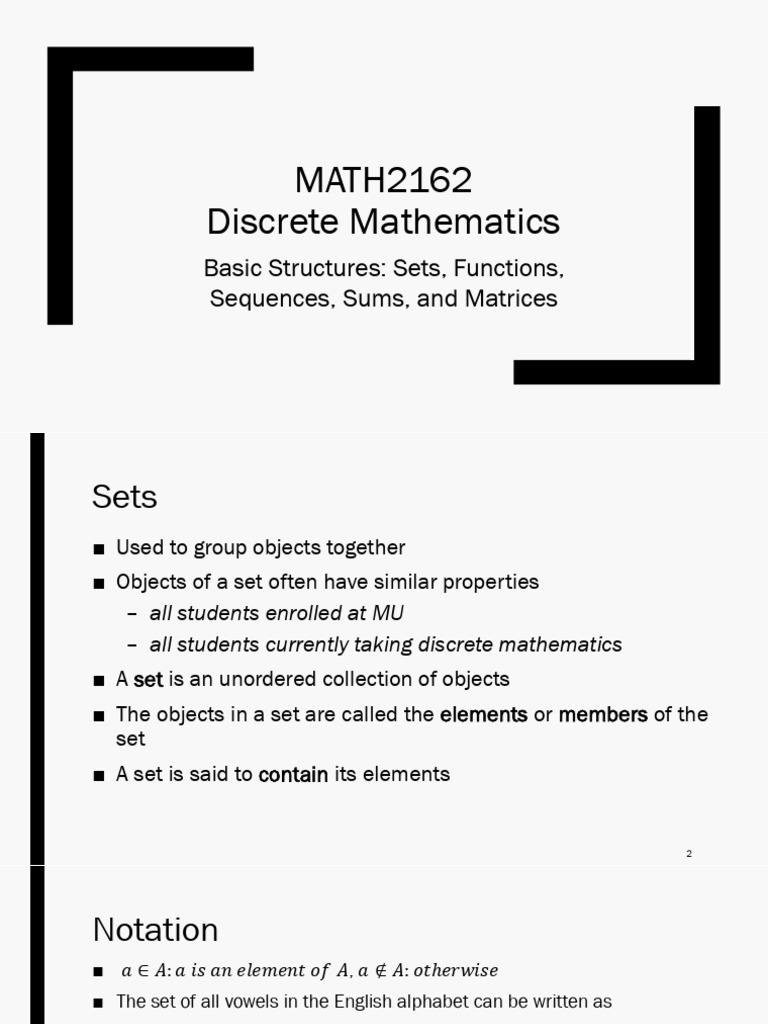 MATH2162 Discrete Mathematics: Basic Structures: Sets, Functions ...