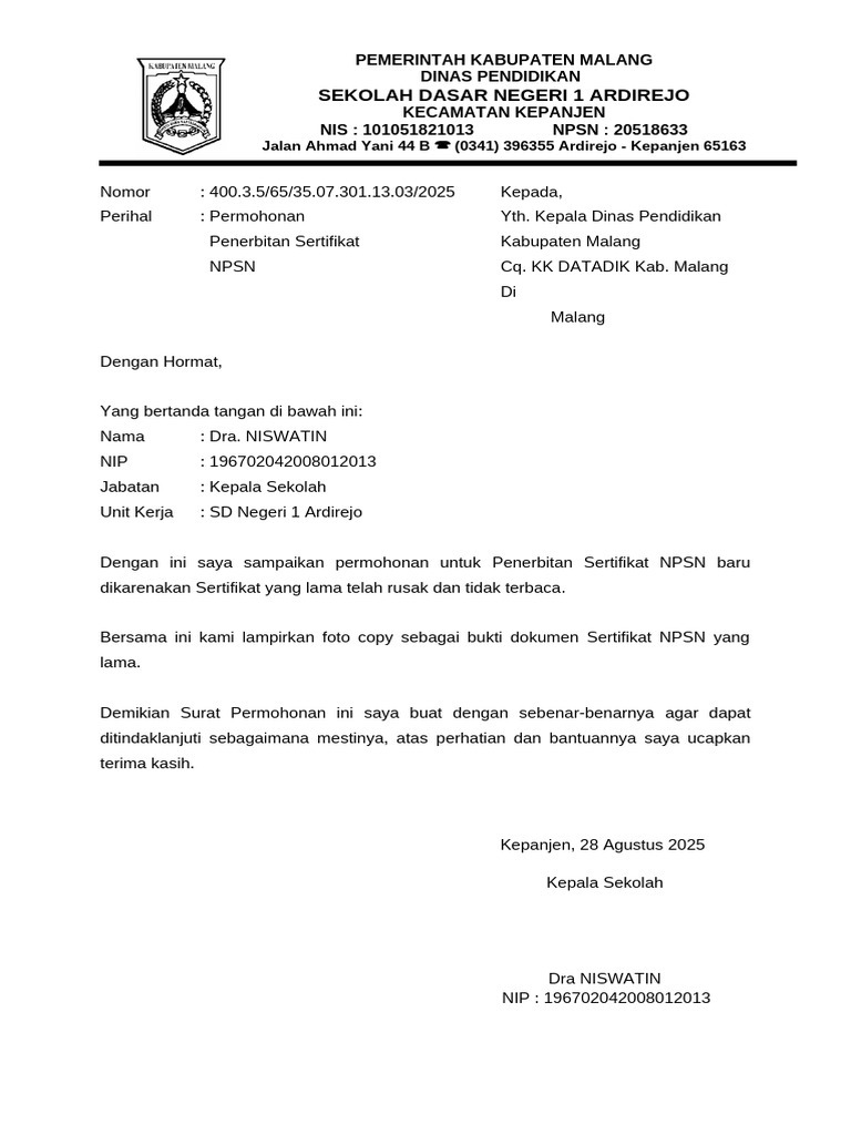 Permohonan Cetak Ulang NPSN | PDF