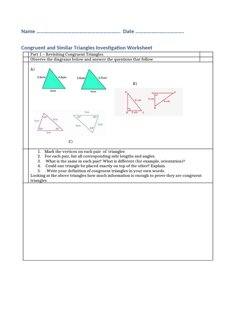 Congruent and Similar Triangle Worksheet | PDF