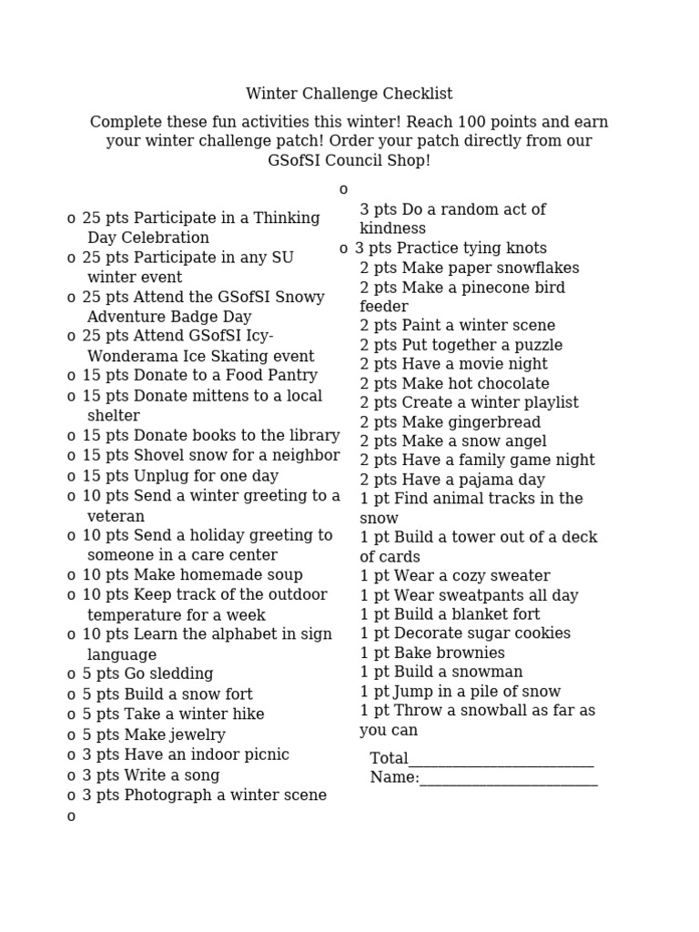Winter Challenge Activity Checklist | PDF | Winter Phenomena | Snow