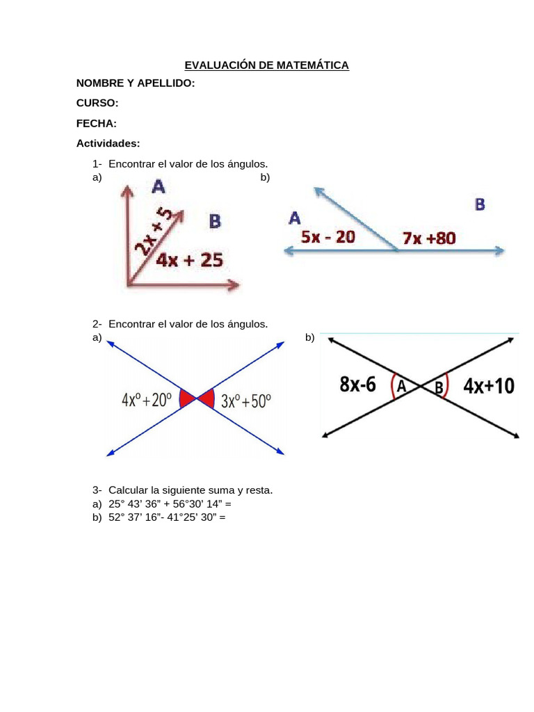 Evaluación de Matemática Angulos | PDF