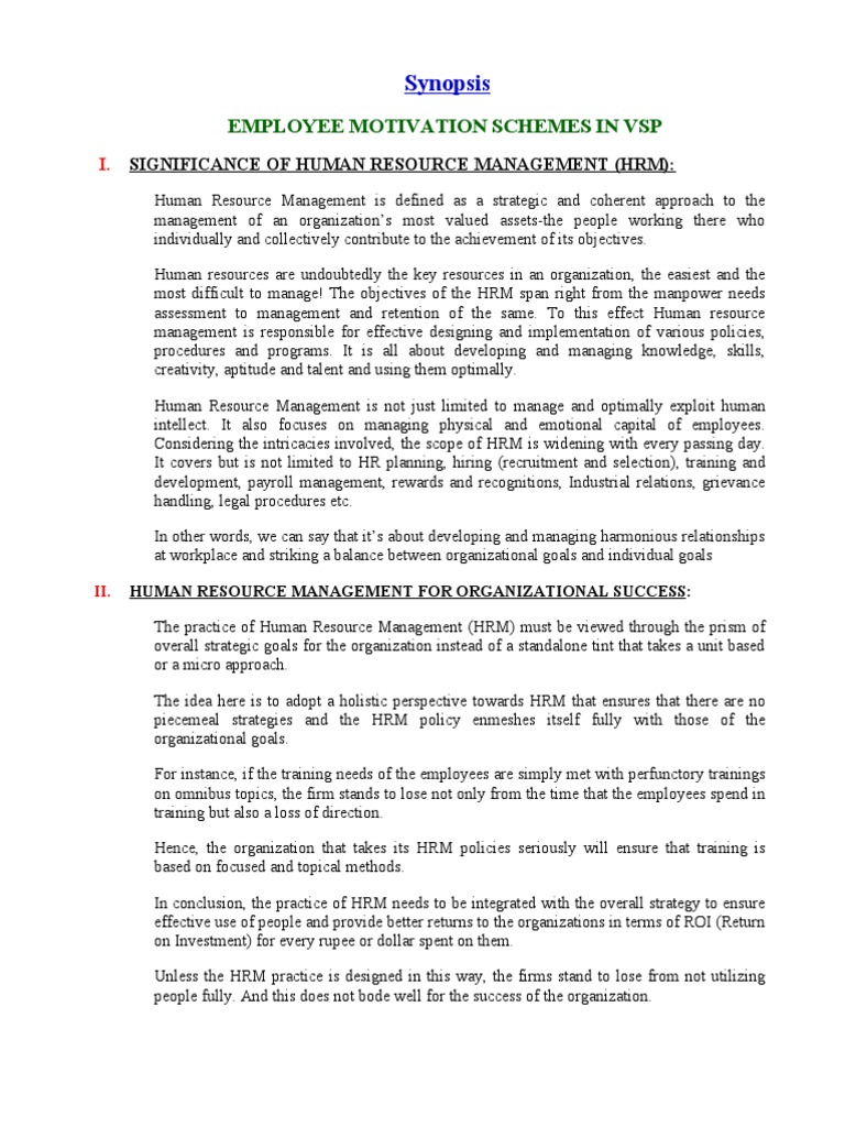 PJ Synopsis On Employee Motivation Schemes in VSP | PDF | Human ...