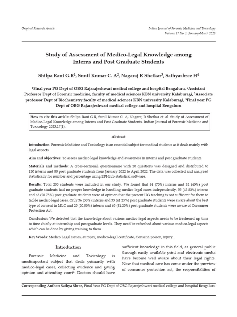Study of Assessment of Medico-Legal Knowledge Amon | PDF | Knowledge | Medicine