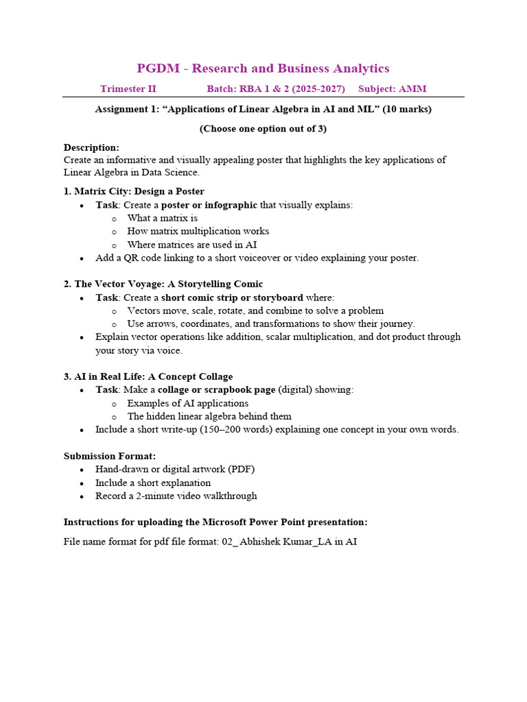 AMM RBA2025-27 Assignment 1 Linear Algebra | PDF