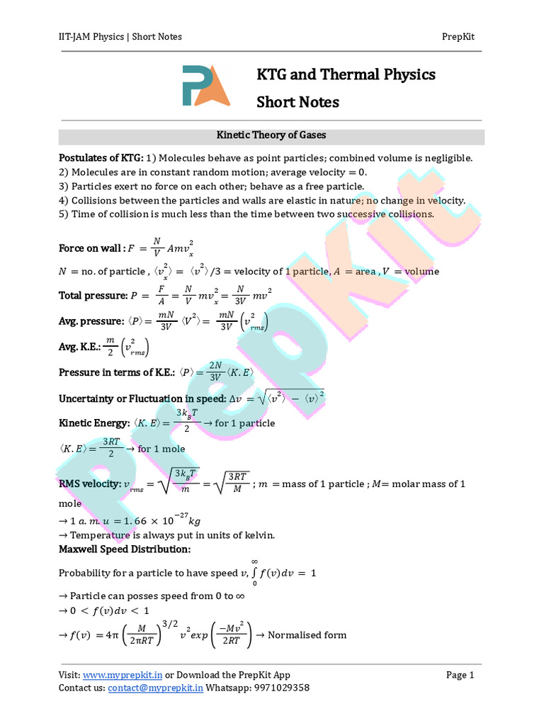 KTG and Thermal Short Notes | PDF | Entropy | Heat