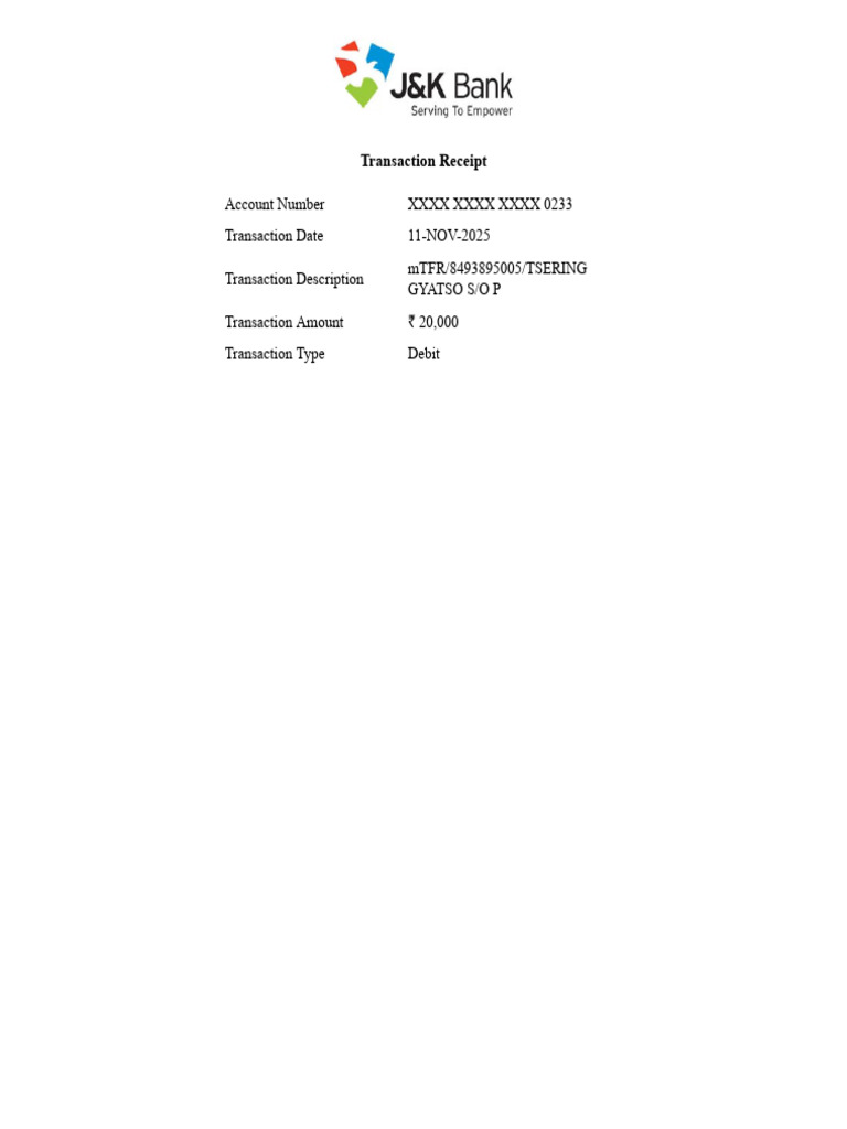 Transaction Receipt for ₹20,000 Debit | PDF