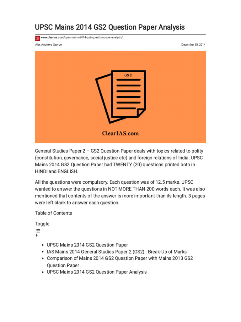 UPSC Mains 2014 GS2 Question Paper Analysis | PDF | Government