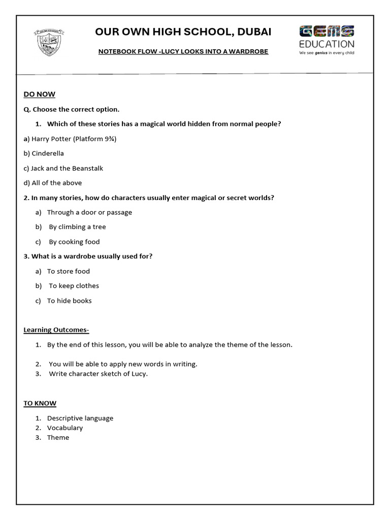 Lucy's Wardrobe Adventure: Lesson Plan | PDF