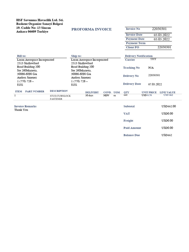 Proforma Invoice for Loran Aerospace | PDF | Invoice | Accounting