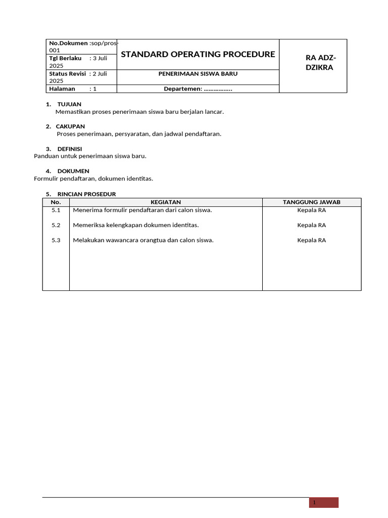 Sop Penerimaan Siswa Baru TK | PDF