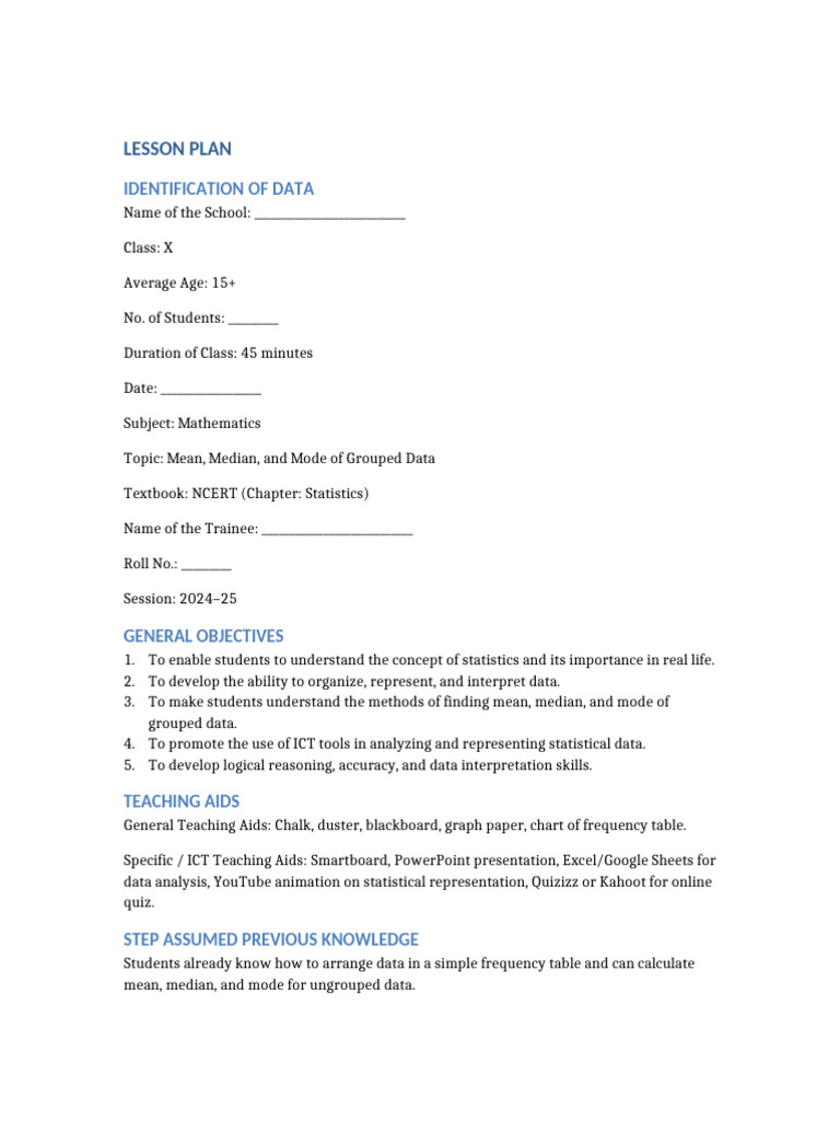 Lesson Plan Statistics Mean Median Mode Class10 | PDF | Mode (Statistics) | Mean