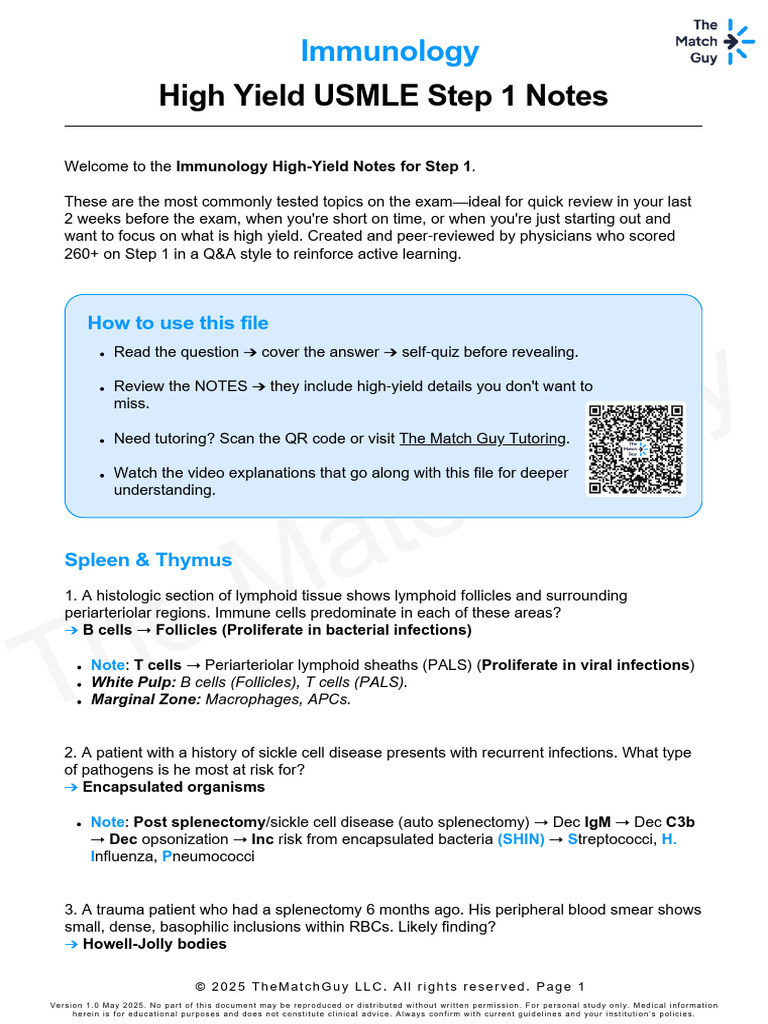 Immunology High Yield USMLE Step 1 Notes.01 | PDF | T Cell | Antibody