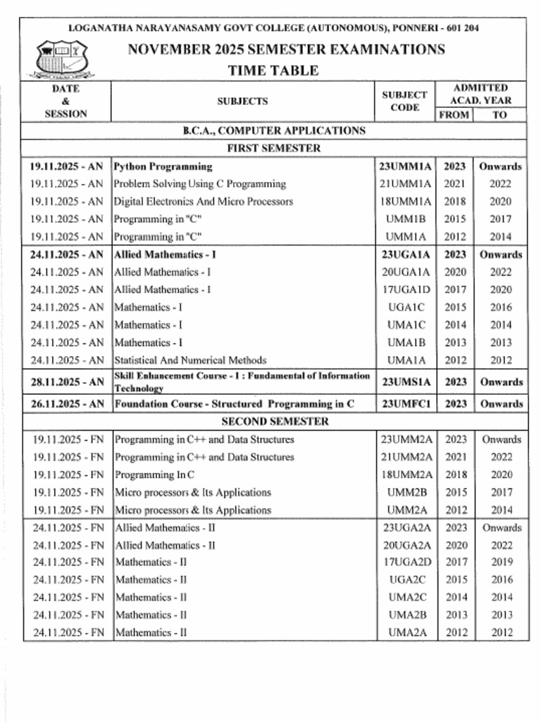 Computer Applications - Semester Examinations Time Table November 2025 ...