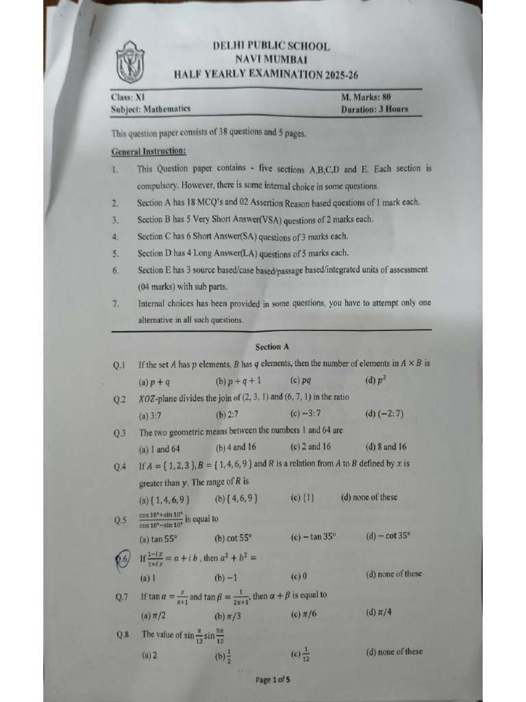 DPS Half Yearly Paper 2025-26 | PDF