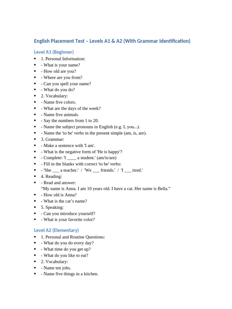 English Placement Test A1 A2 Grammar | PDF